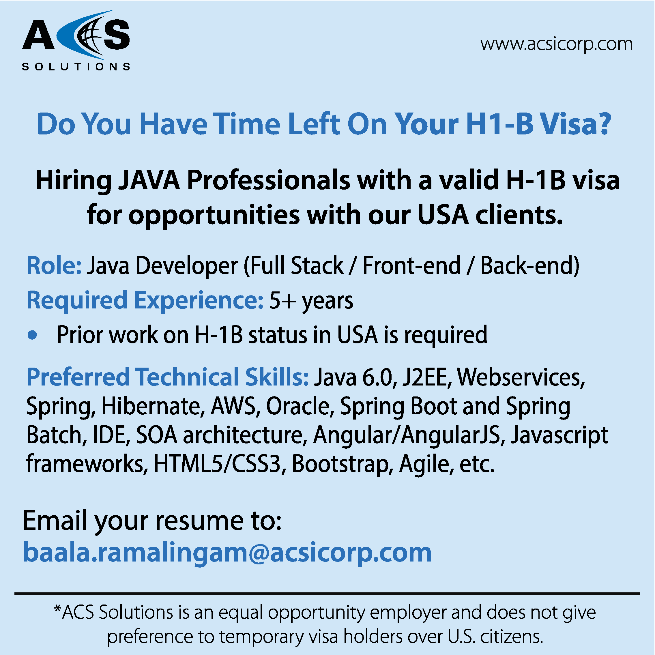 Java Developer job vacancy at ACS Solutions