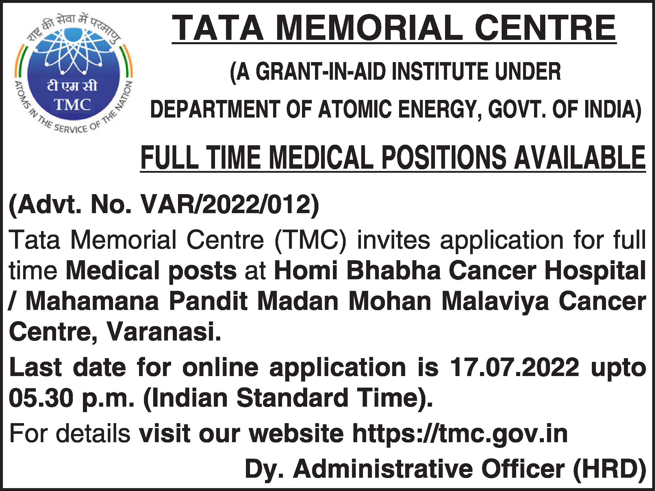 Medical Posts job vacancy at Tata Memorial Centre