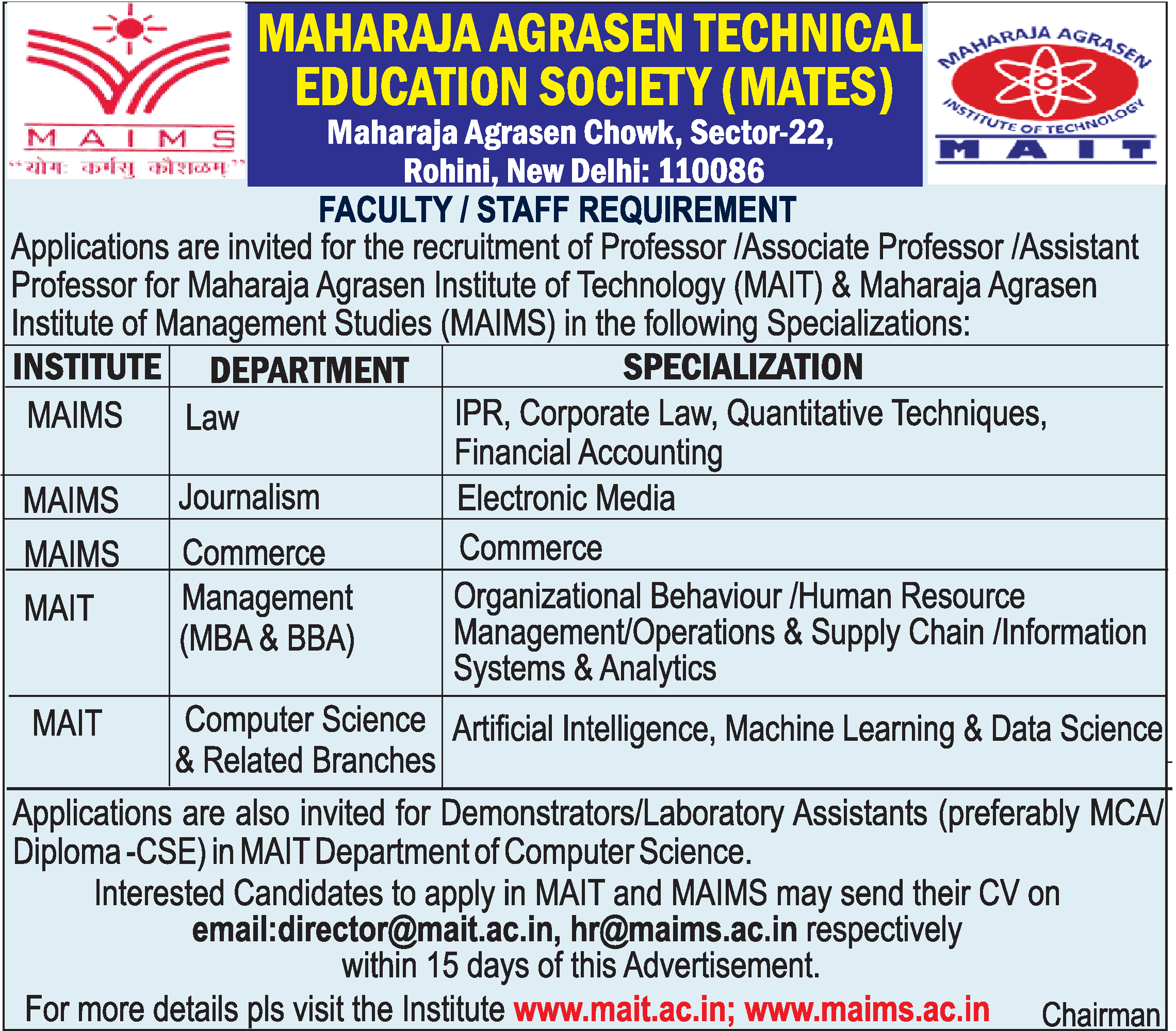 Professor/Associate Professor/Assistant Professor job vacancy at Maharaja Agrasen Technical ...
