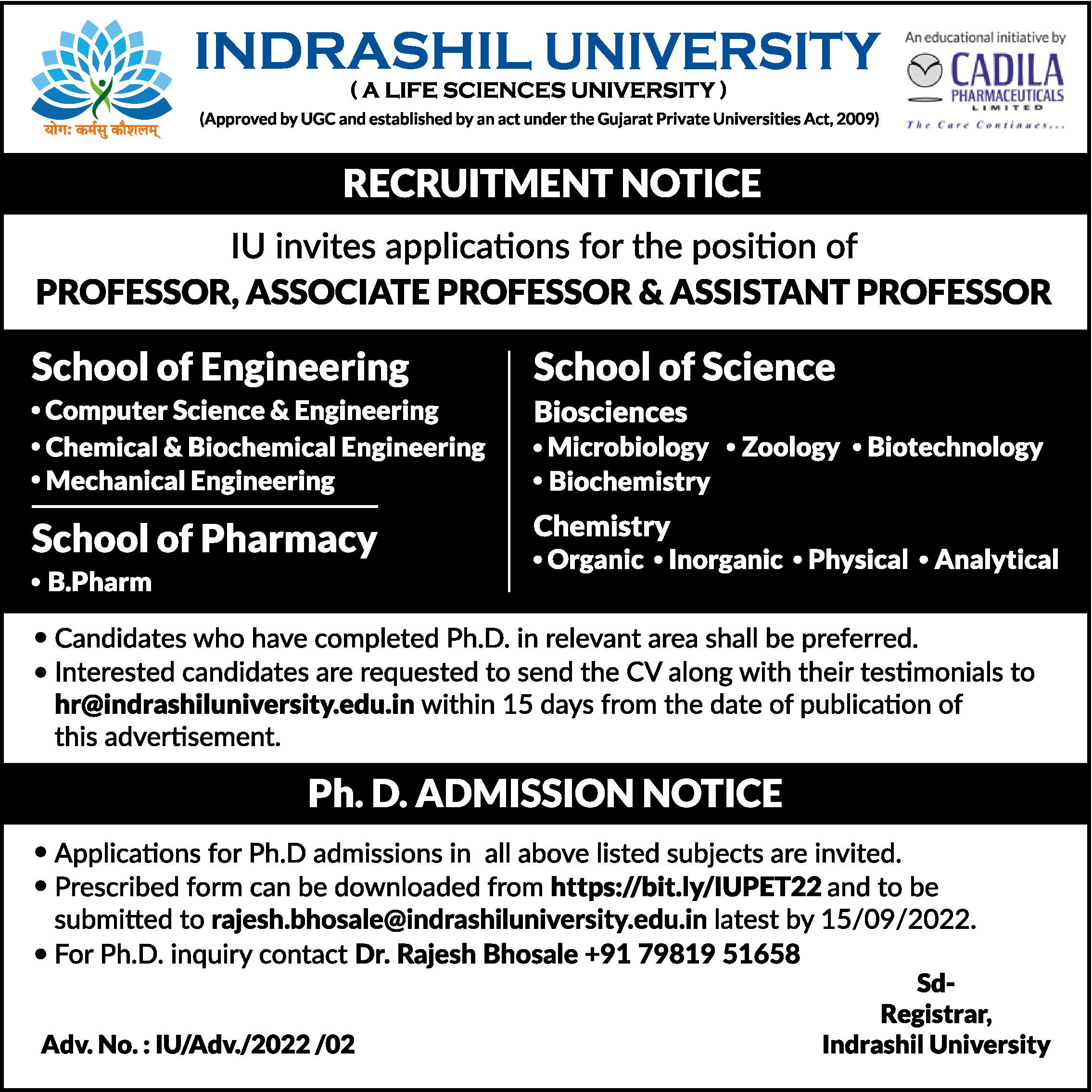 Professor job vacancy at Indrashil University