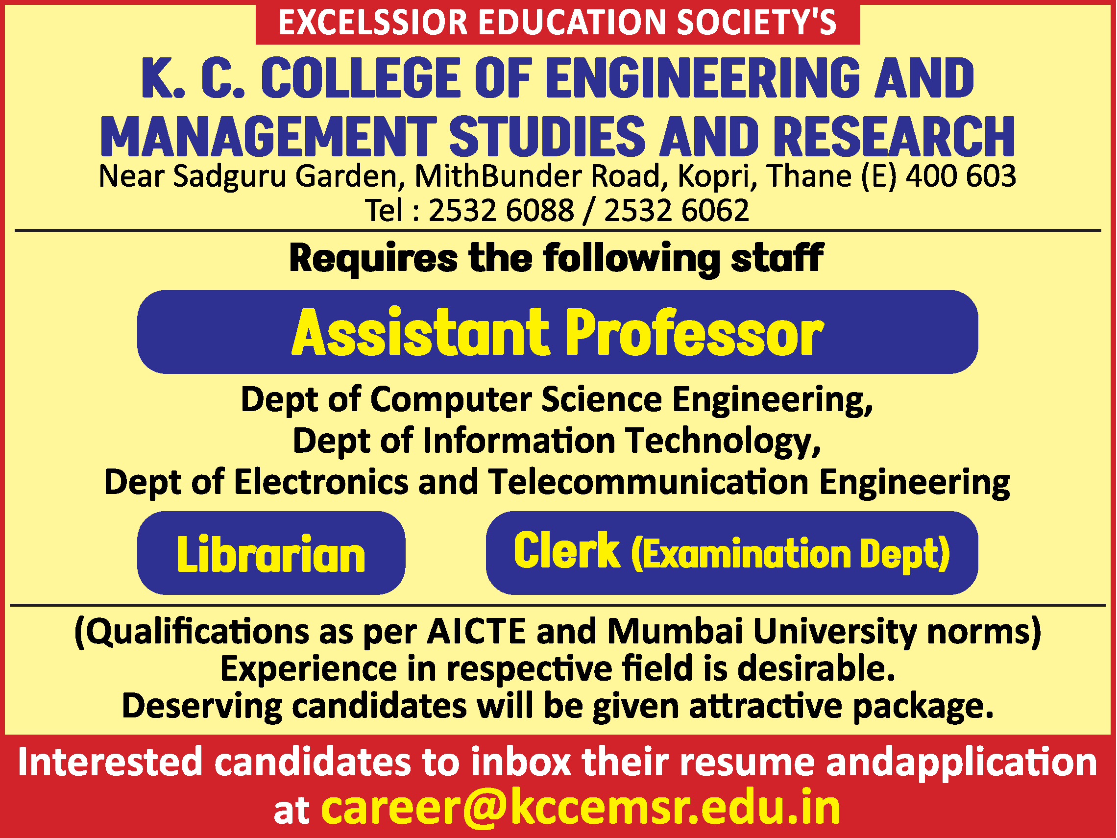 Times Ascent Ad Image for K.C. College Of Engineering And Management ...