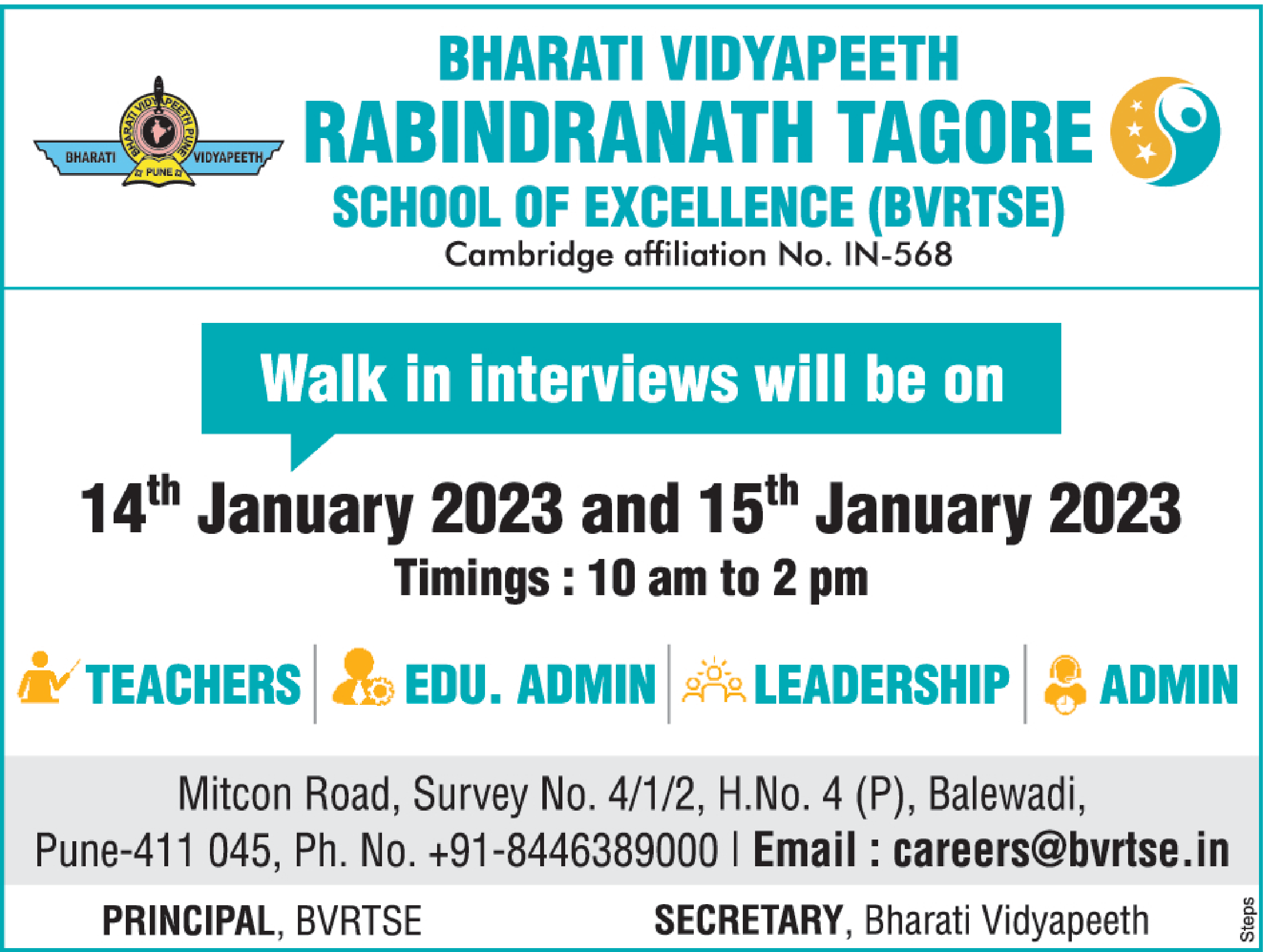 Teachers job vacancy at Rabindranath Tagore School of Excellence (BVRTSE)