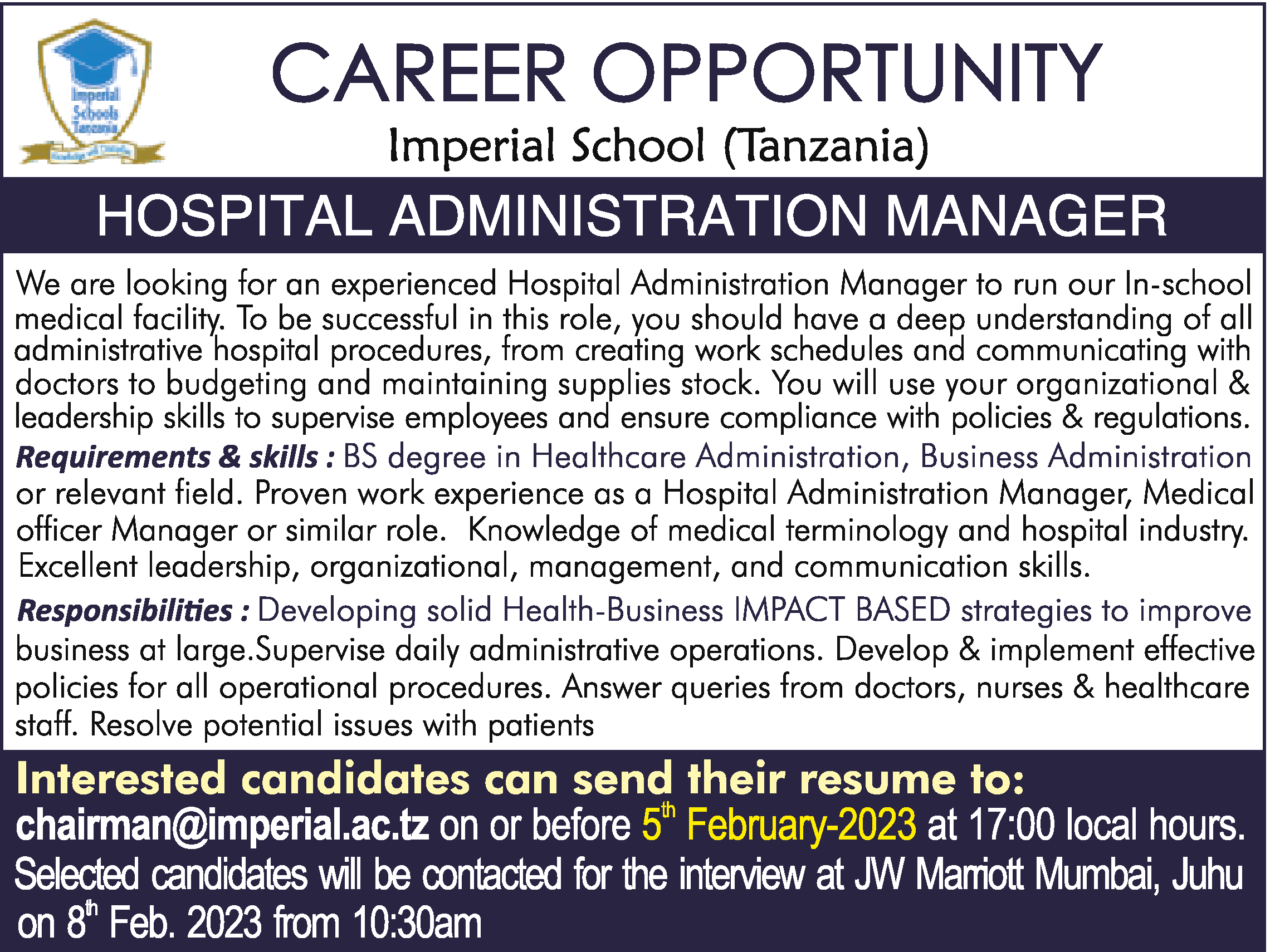 Hospital Administration Manager job vacancy at Imperial School