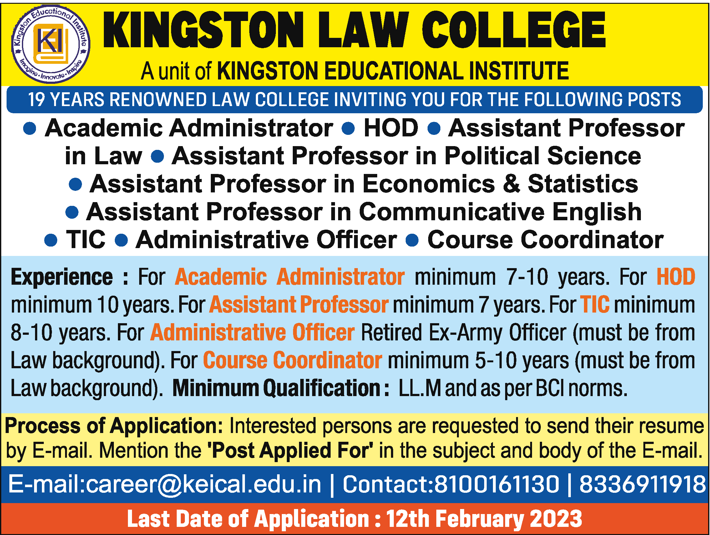 Assistant Professor (Law) job vacancy at Kingston Law College