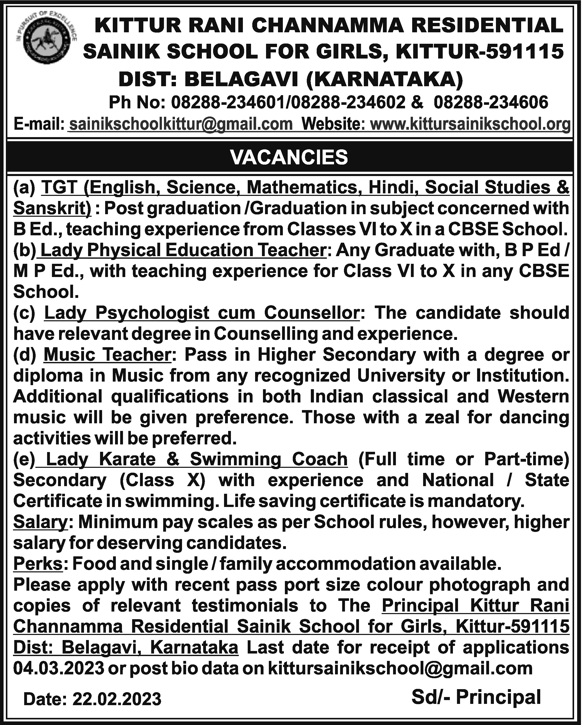 TGT job vacancy at Kittur Rani Channamma Residential Sainik School for ...