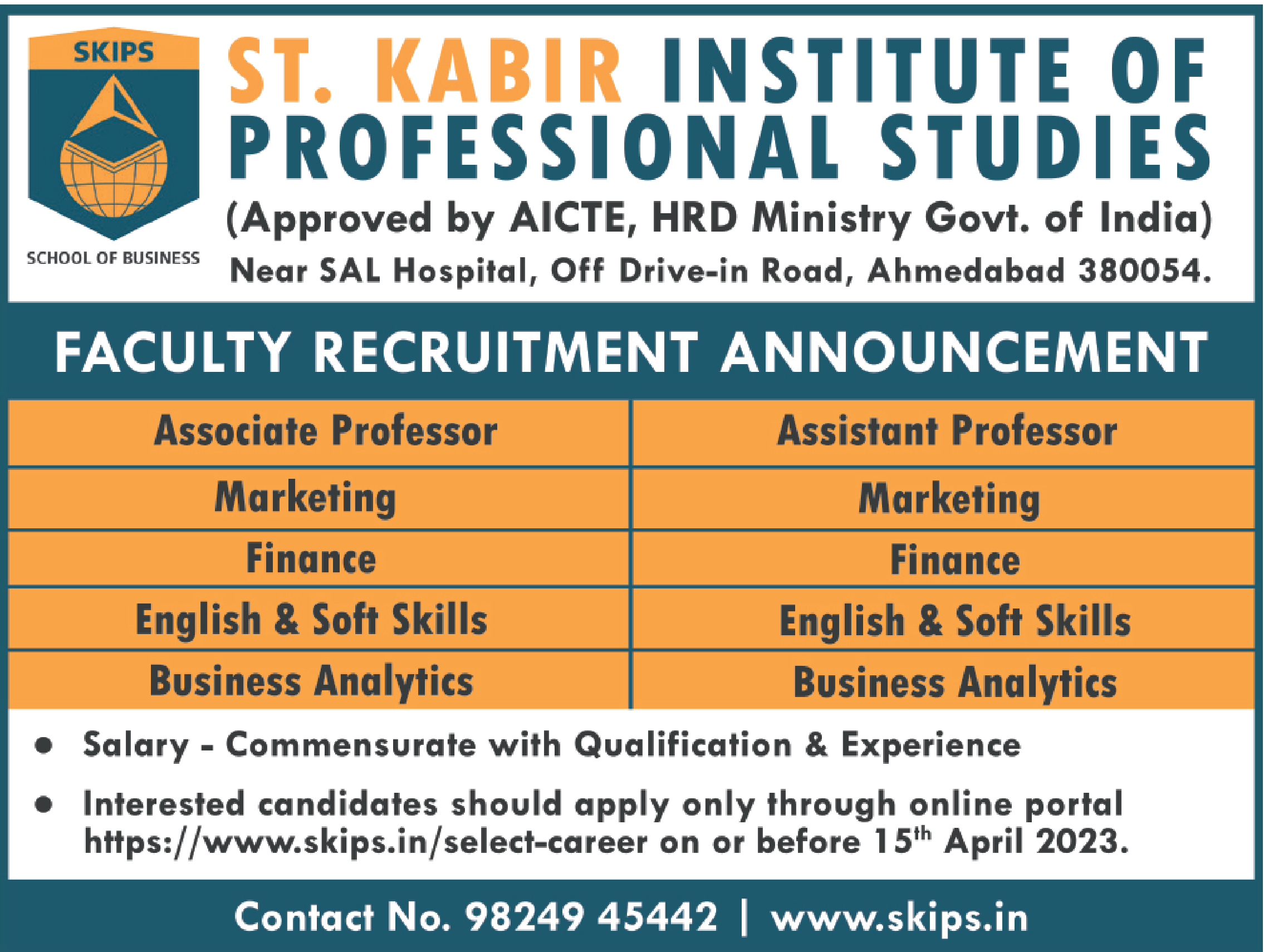 Assistant Professor job vacancy at St. Kabir Institute of Professional Studies
