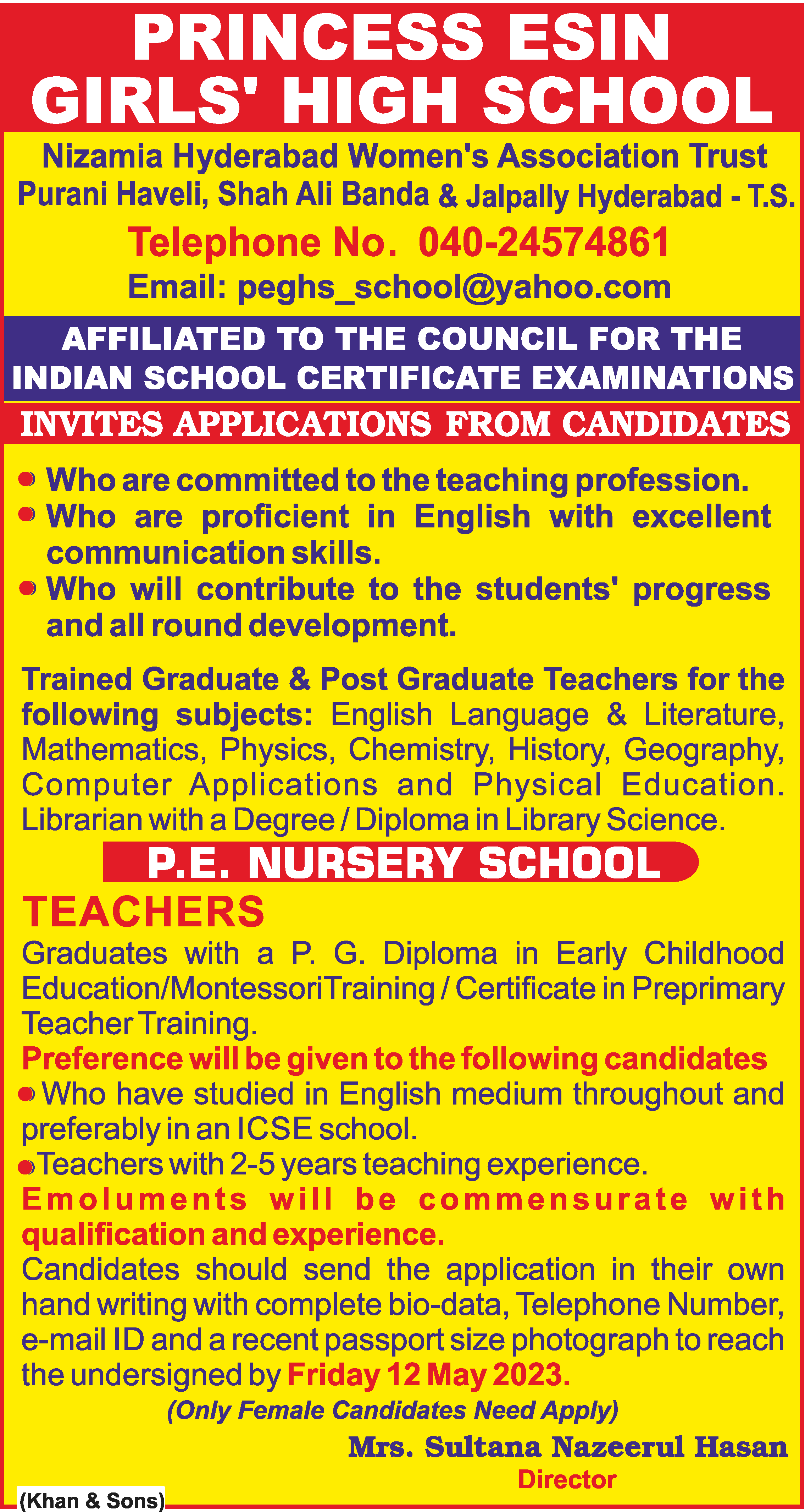 Times Ascent Ad Image for Princess Esin Girls' High School - timesascent.com