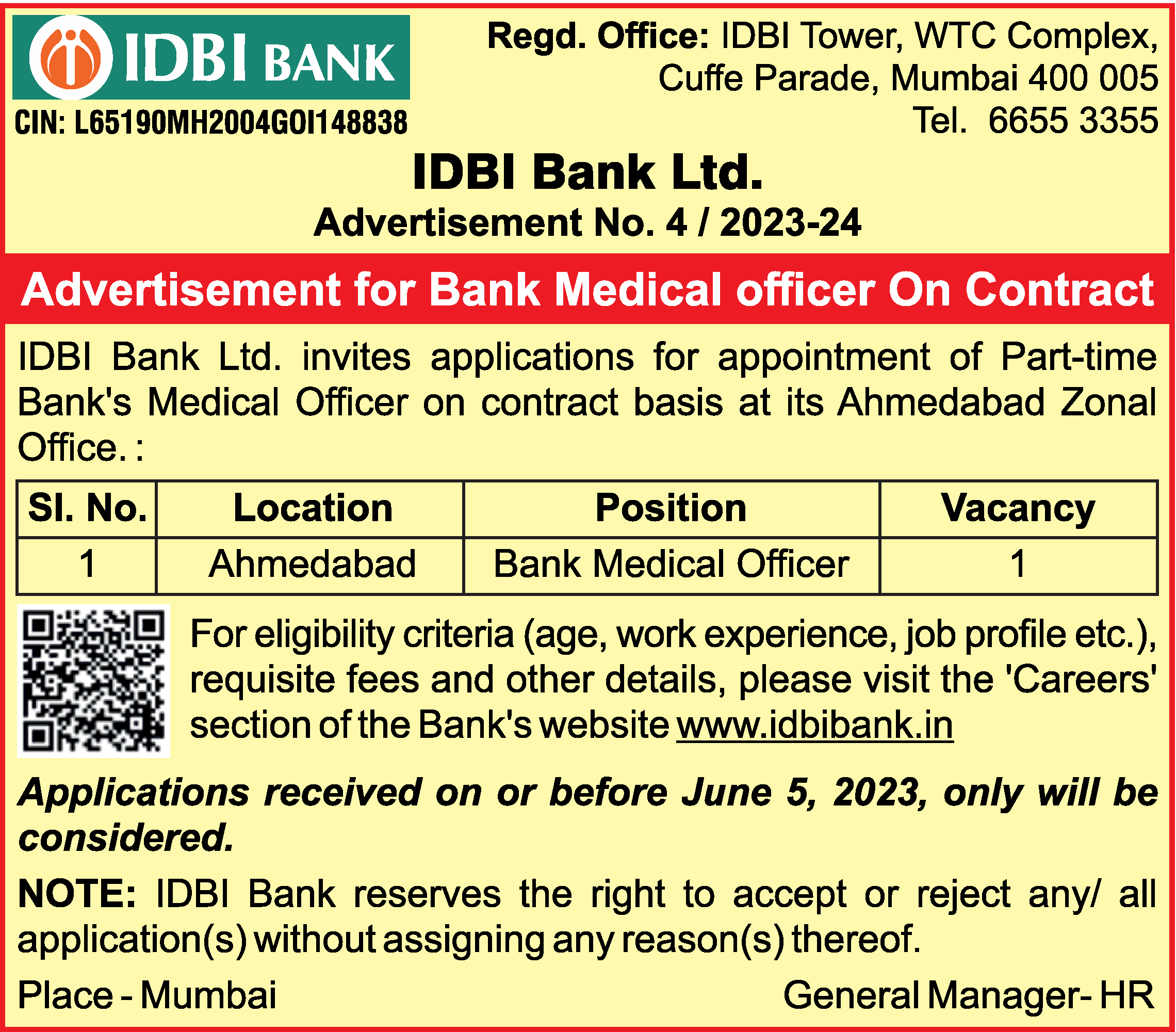 Times Ascent Ad Image for IDBI Bank Ltd. -timesascent.com