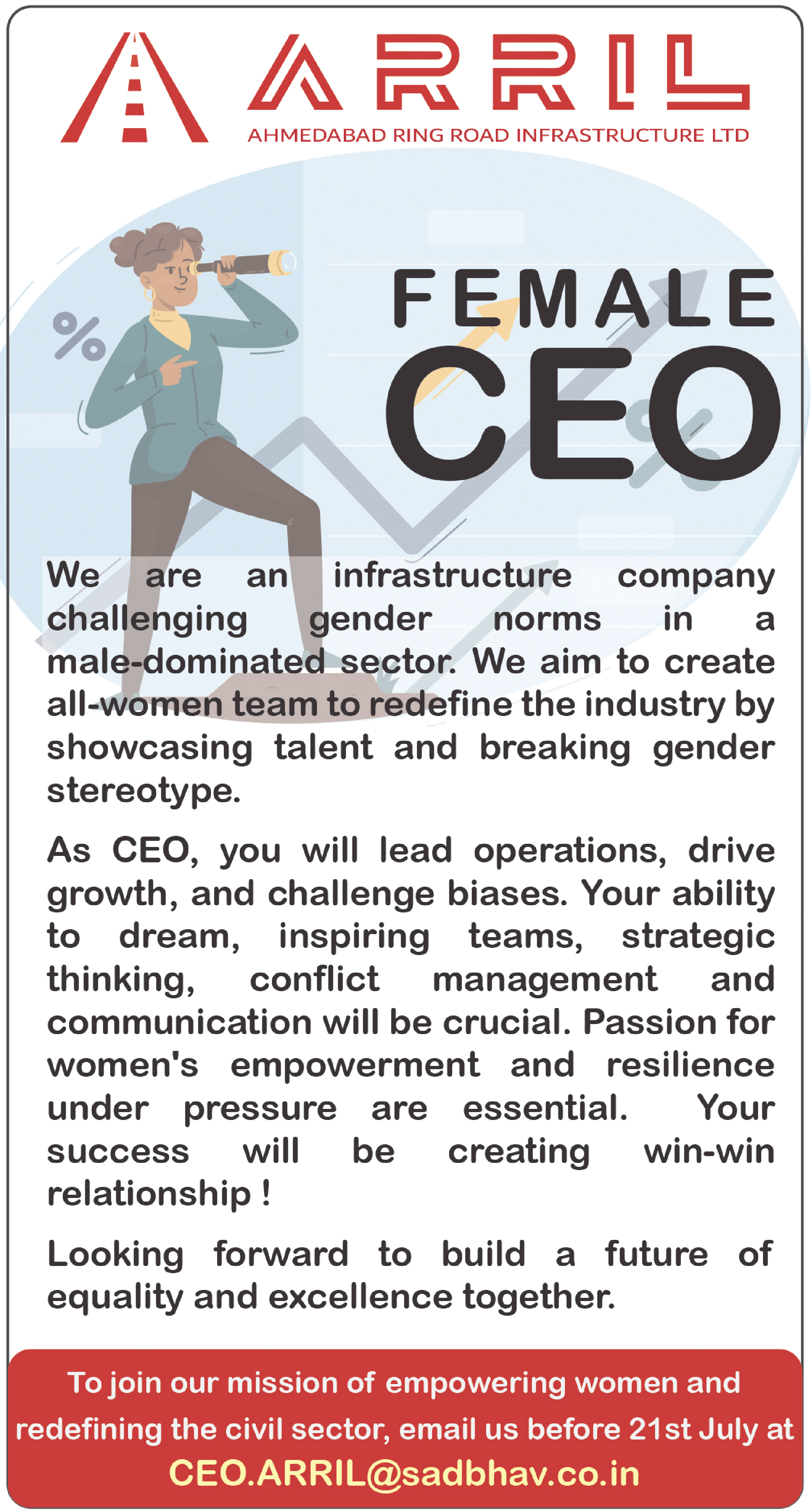 Female CEO job vacancy at Ahmedabad Ring Road Infrastructure Limited