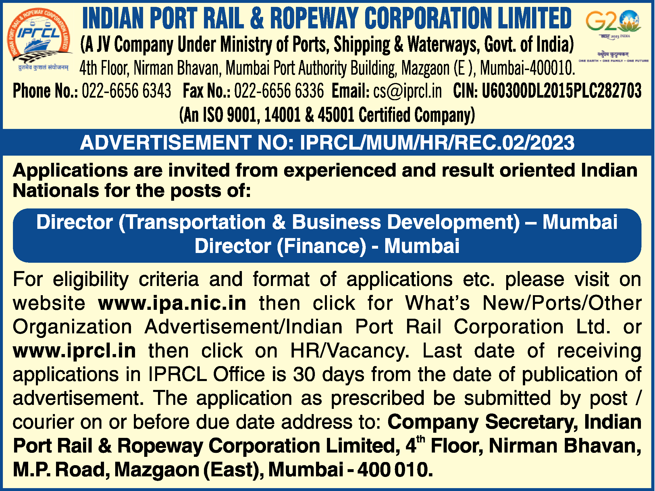 Times Ascent Ad Image for Indian Port Rail & Ropeway Corporation Ltd ...