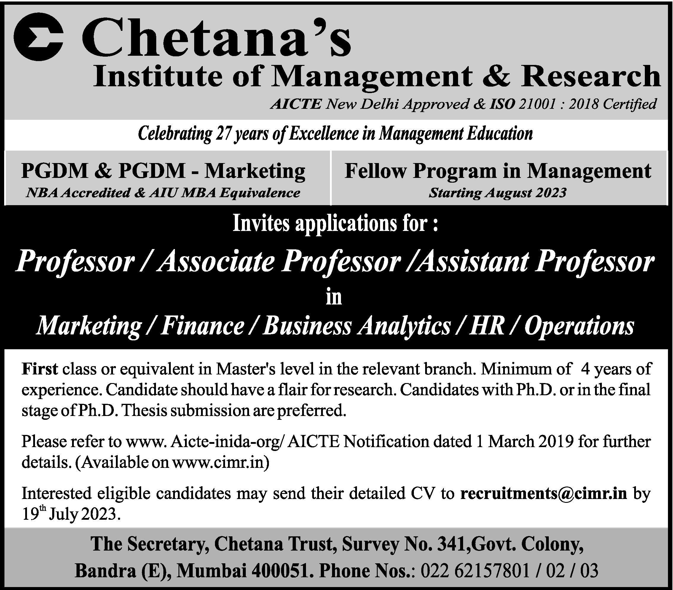 Times Ascent Ad Image for Chetana's Institute of Management And ...