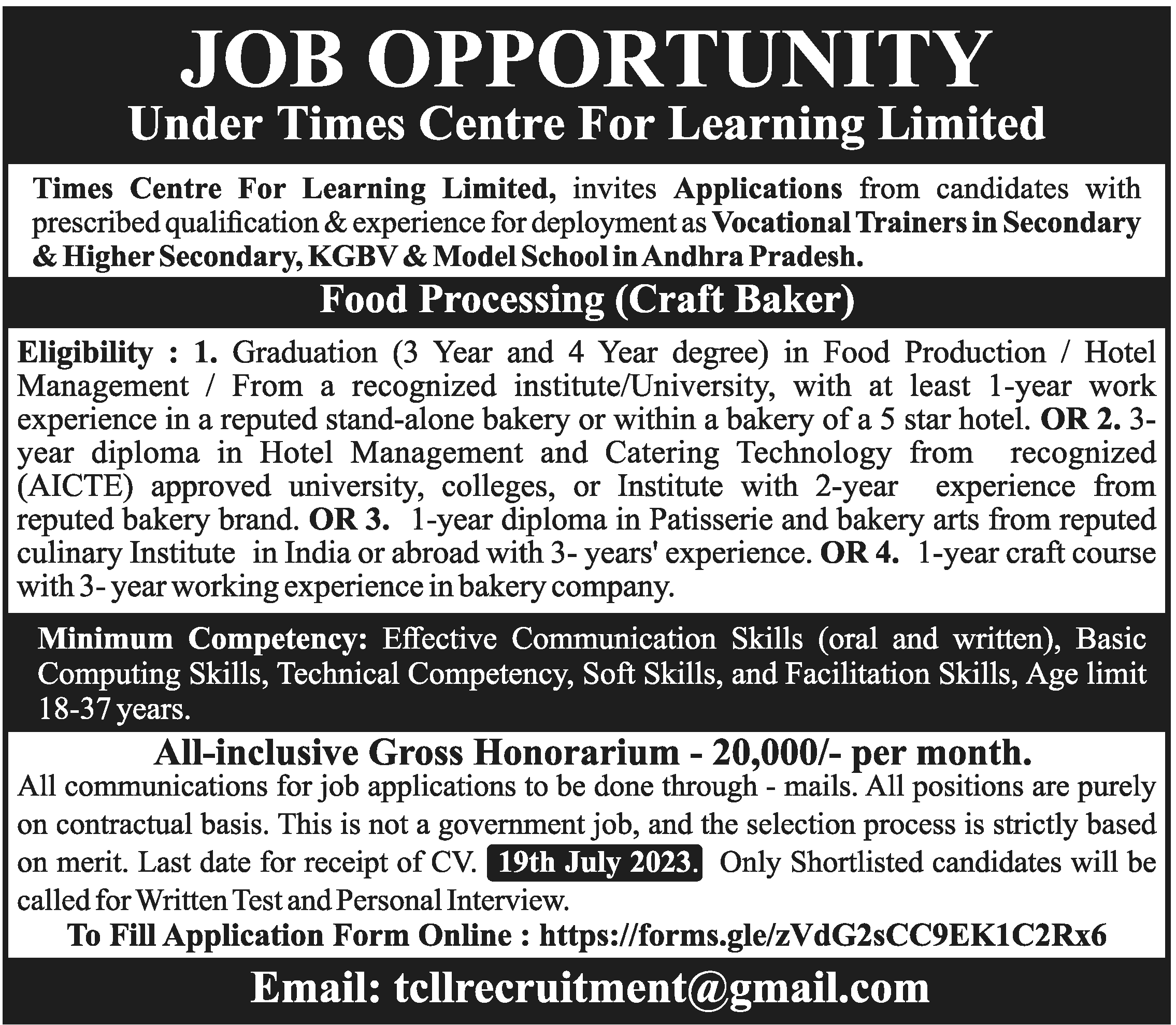 Food Processing (Craft Baker) job vacancy at Times Centre for Learning ...