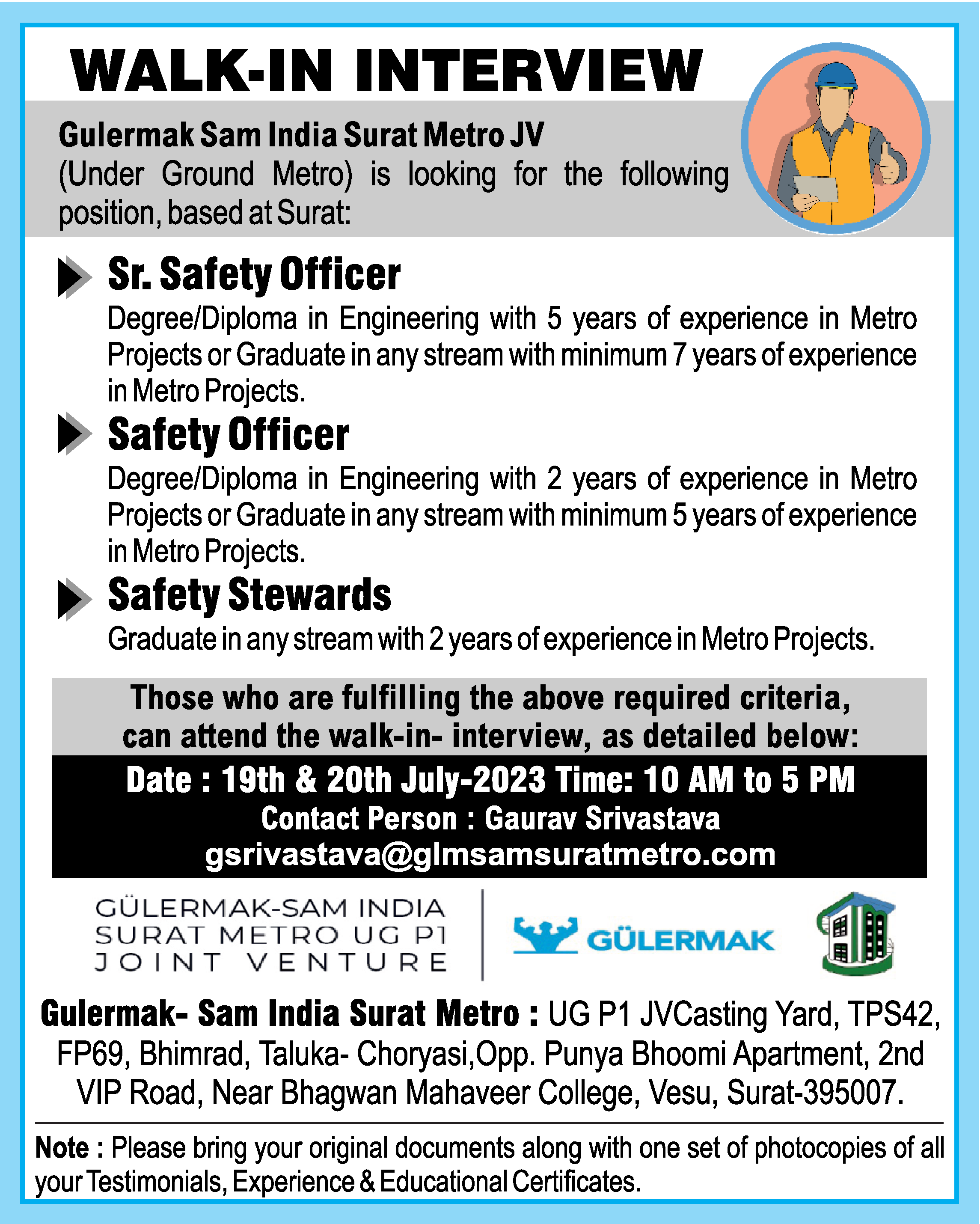 Safety Stewards job vacancy at Gulermak Sam India Surat Metro JV