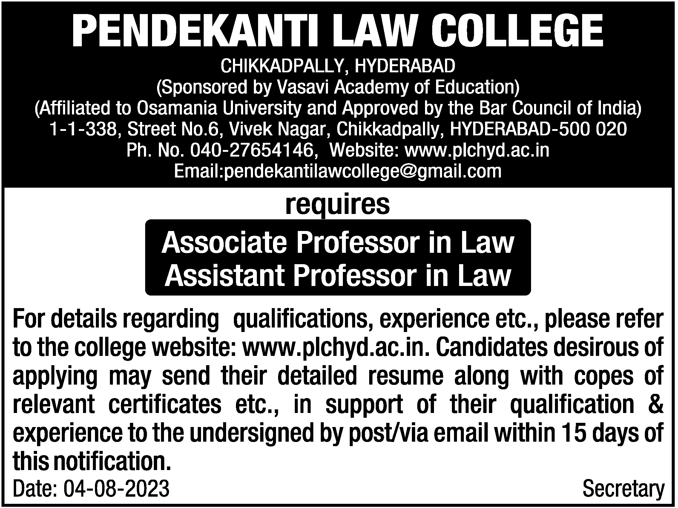 Times Ascent Ad Image for Pendekanti Law College - timesascent.com