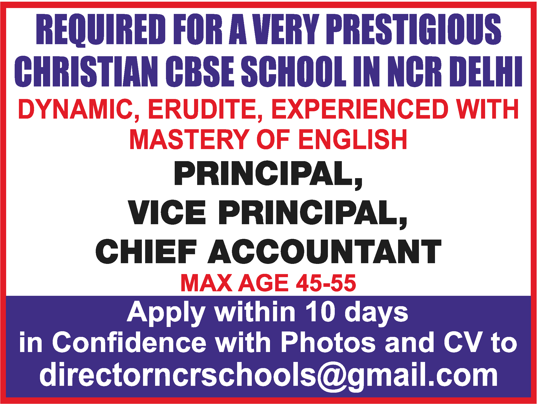 Principal job vacancy at Christian CBSE School