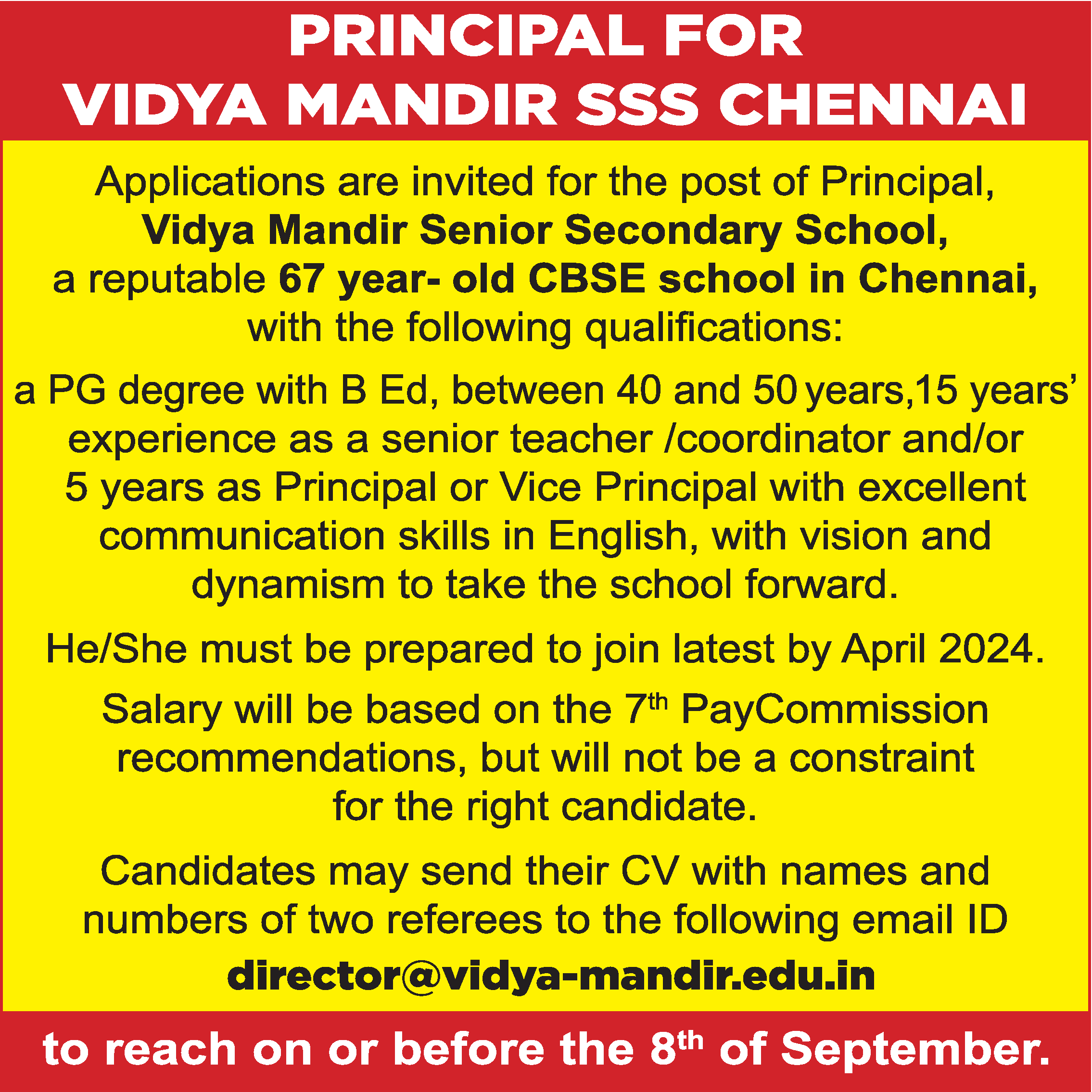 Principal job vacancy at Vidya Mandir Senior Secondary School