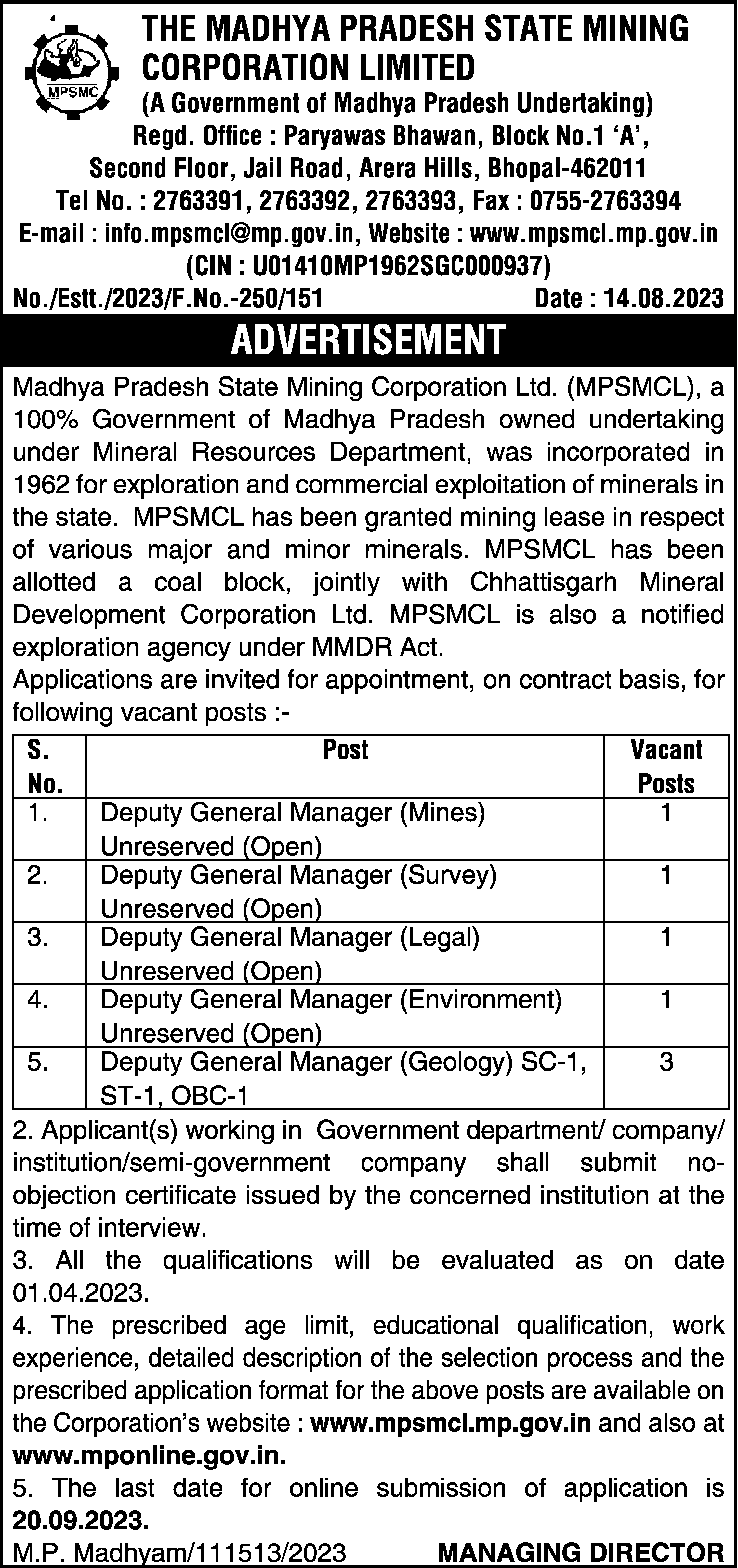 Times Ascent Ad Image for The Madhya Pradesh State Mining Corporation ...