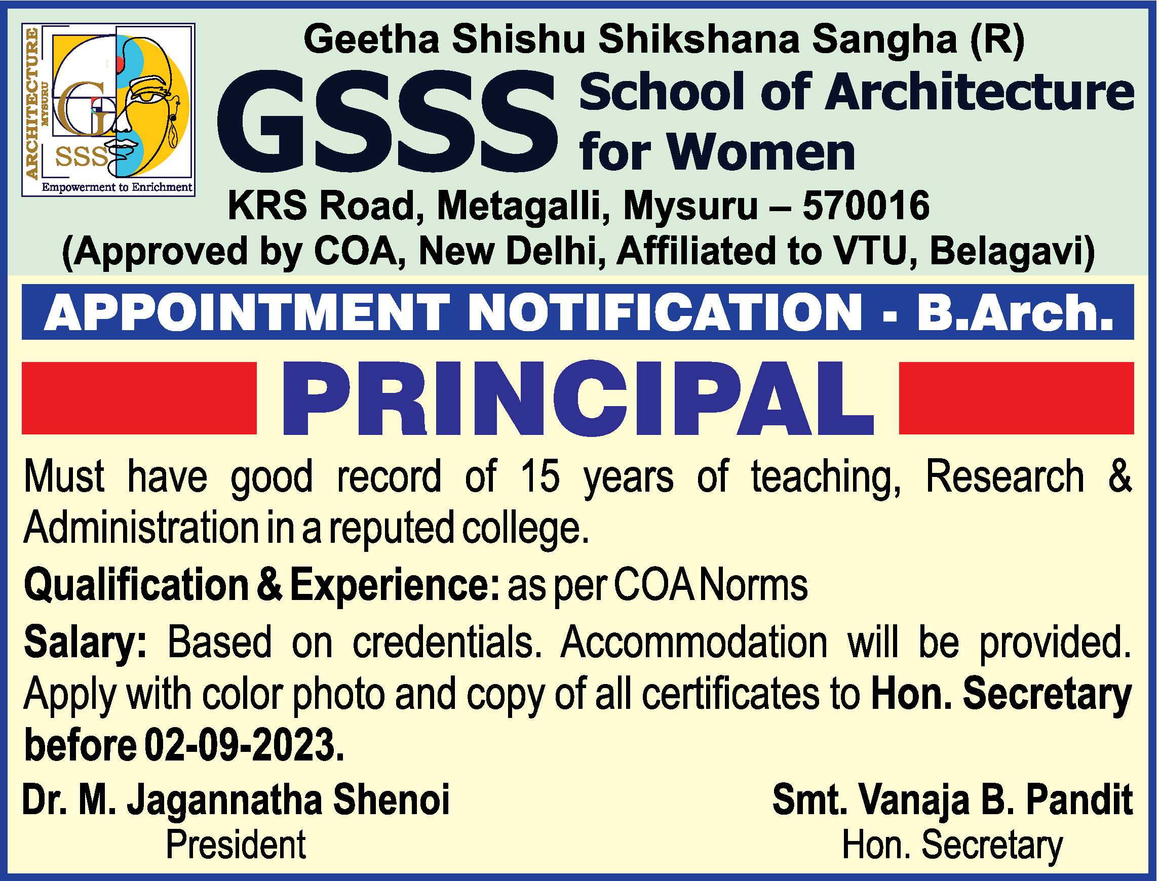 Principal job vacancy at GSSS School of Architecture for Women
