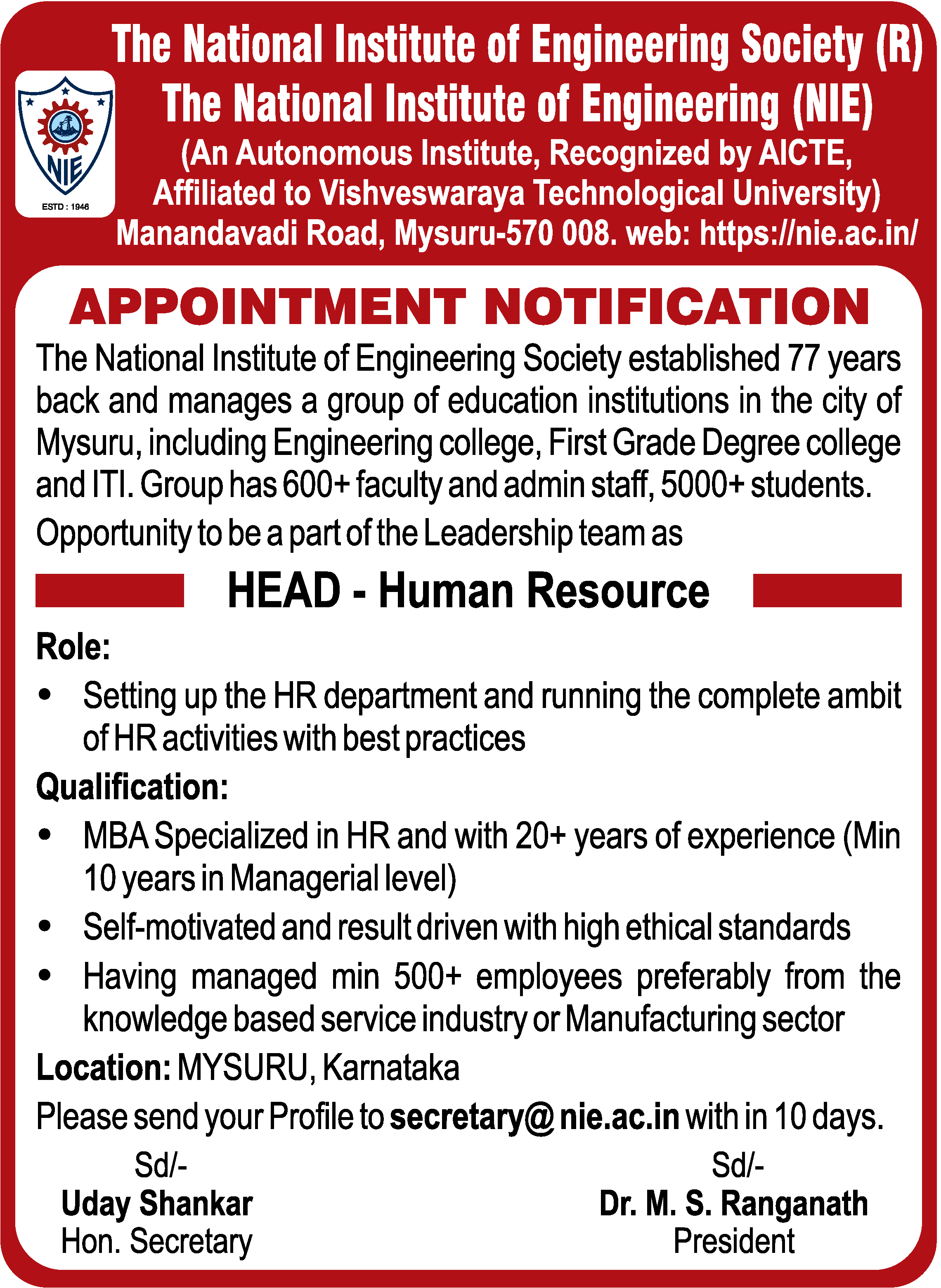 Times Ascent Ad Image for The National Institute of Engineering (NIE ...