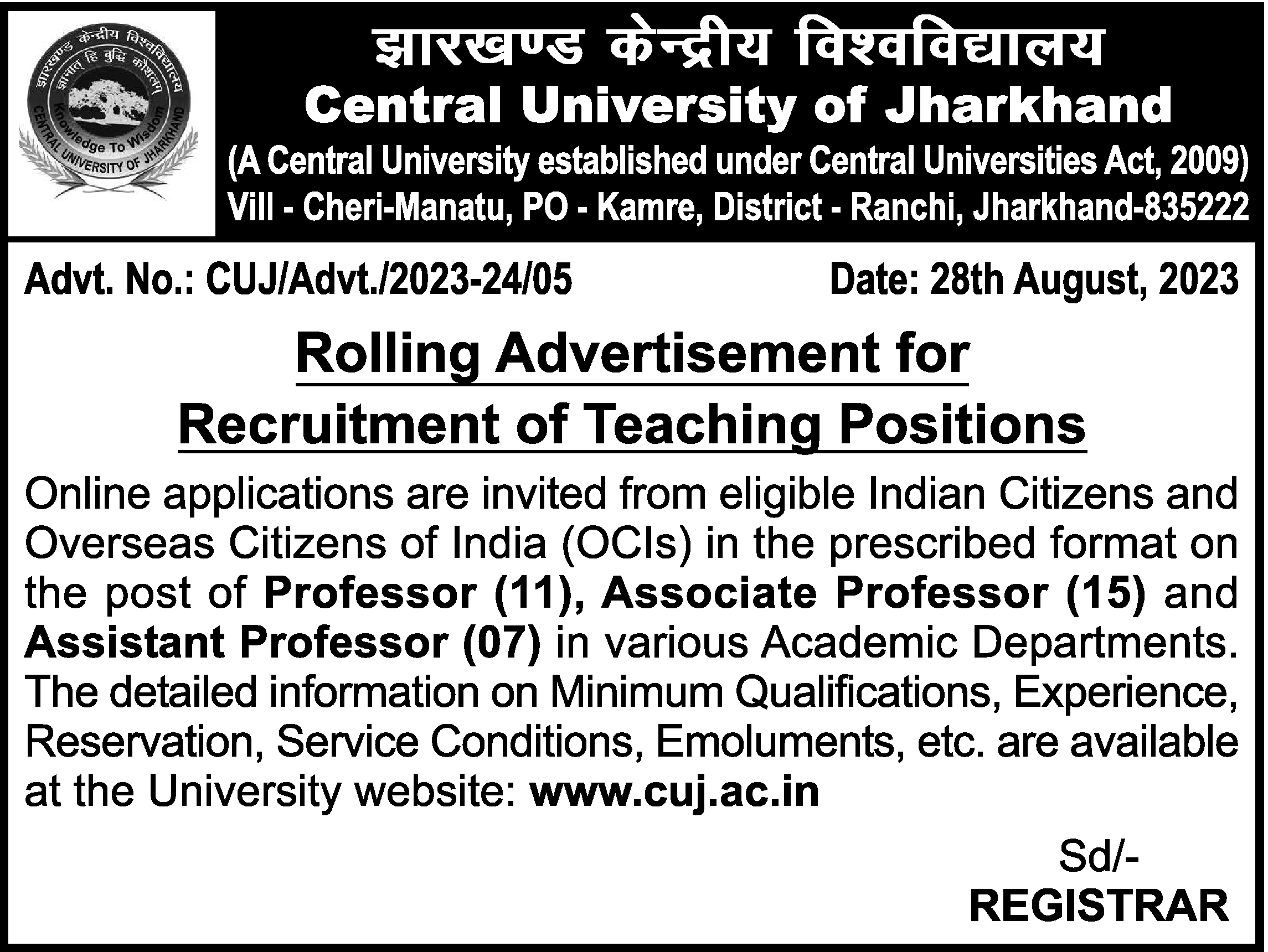 Times Ascent Ad Image for Central University of Jharkhand -timesascent.com