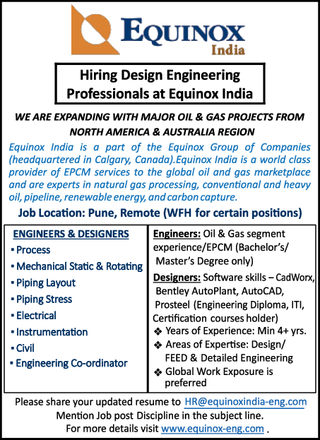 Engineers job vacancy at Equinox India