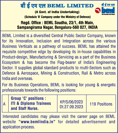 ITI & Diploma Trainees and Staff Nurse job vacancy at BEML Limited