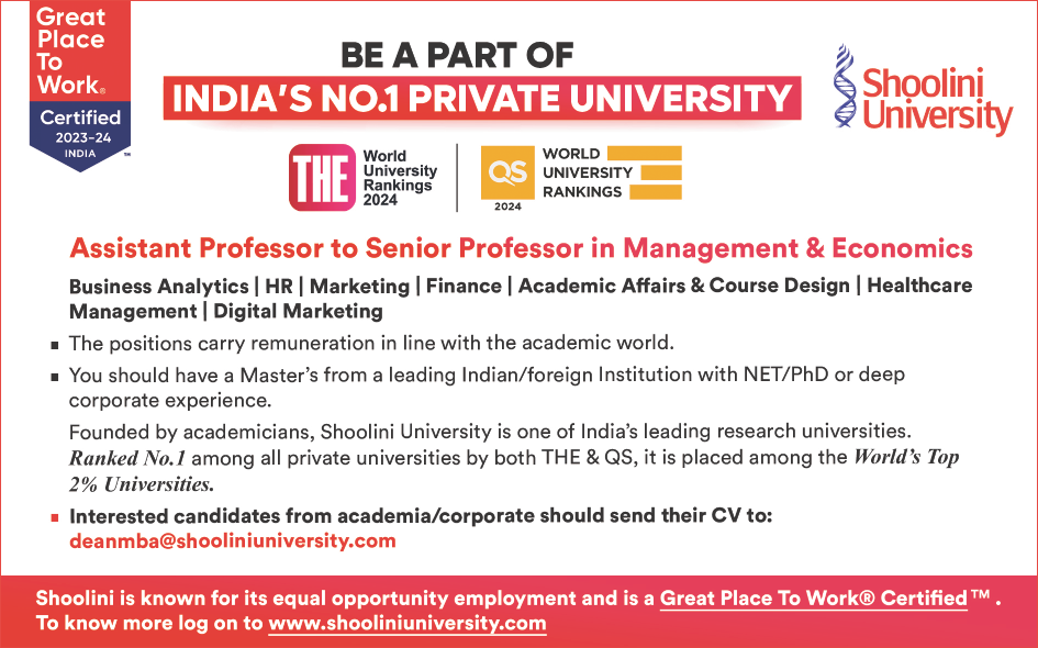 Assistant Professor job vacancy at Shoolini University
