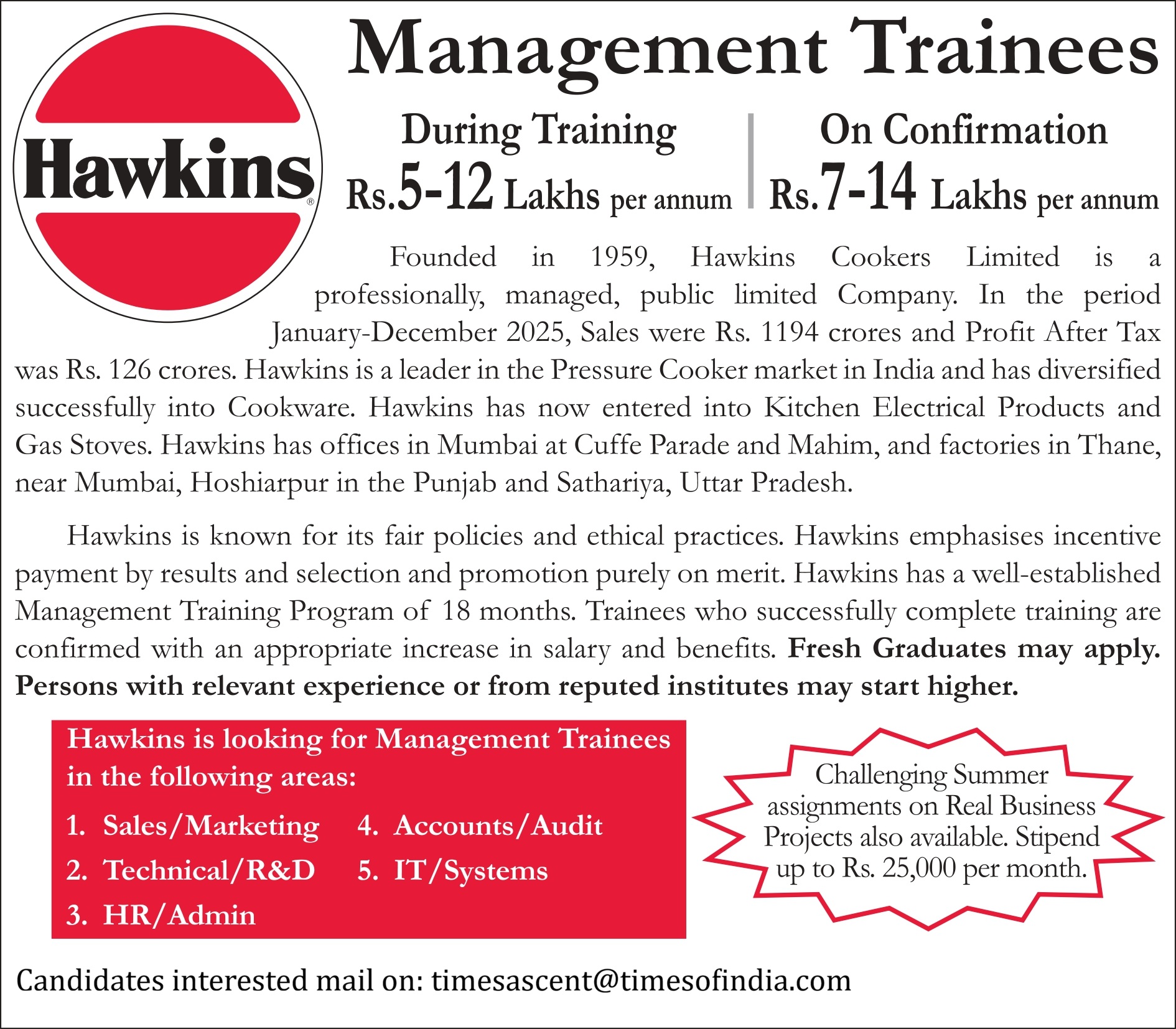 Hawkins Cookers Limited | Company Profile & Jobs | Times Ascent